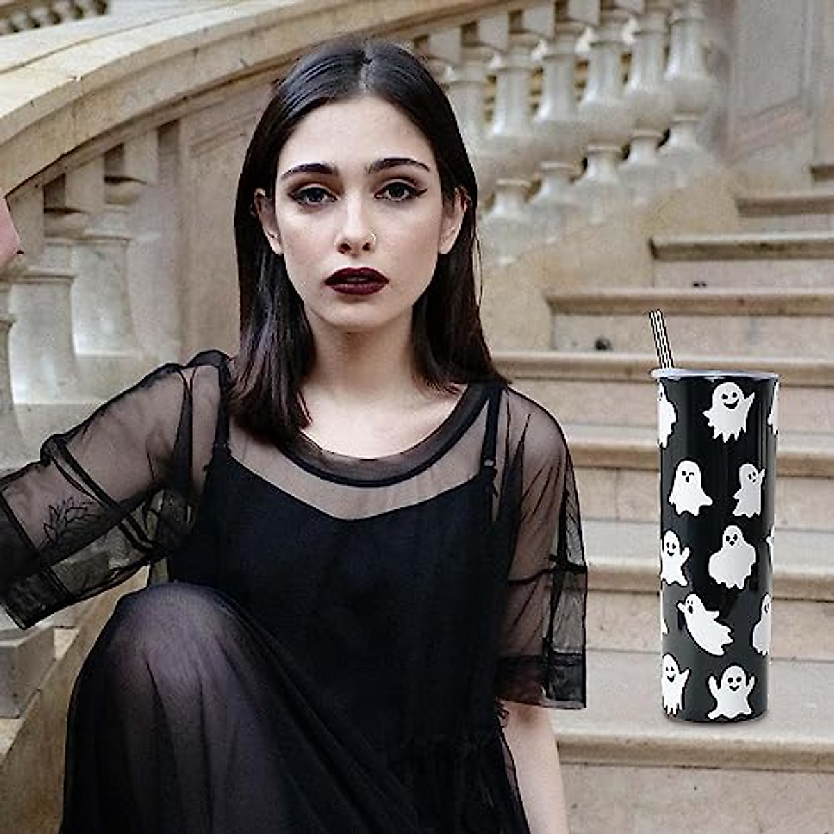 Halloween Tumbler Ghost Cup Halloween Gifts for Women Ghost Tumbler with Lids and Straw 20OZ Travel coffee Mugs insulated stainless steel Gothic Tumbler Unique Birthday Gift for Kids