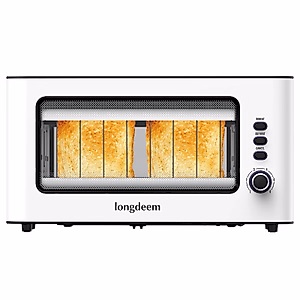 Clear View Toaster, LONGDEEM 1.75'' Extra Long Slot Glass Toasters Stainless Steel 2 Slice with 6 Browning Control for Bagel, Defrost & Auto Shut Off with Removable Crumb Tray, White