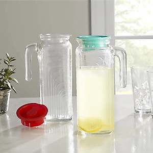 Bormioli Rocco Gelo Set of 2 Glass pitchers, 33.75 Jug with Lid, Carafe for Homemade Juice, Iced Tea, Milk, Cold Brew Coffee, Lemonade, dishwasher safe made in italy (White and Red)