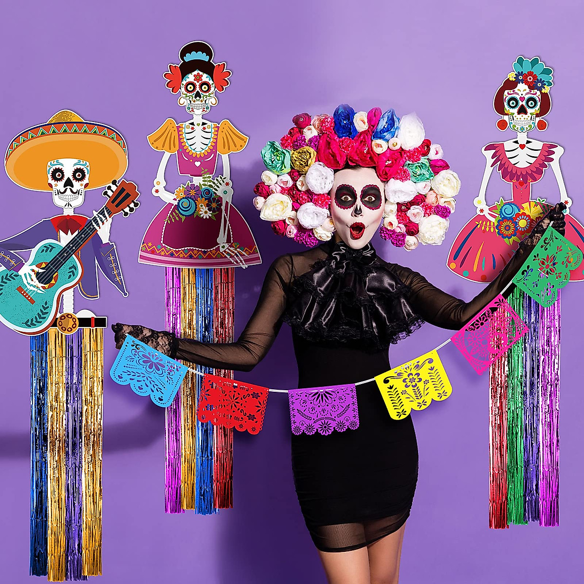 TaoBary 15 Pcs Day of the Dead Decorations Set 34 Inches Sugar Skull Hanging Decor 16.4 Ft Papel Picado Banners Mexicano Dia De Los Muertos Large Skull Decoration for Halloween Party Supplies