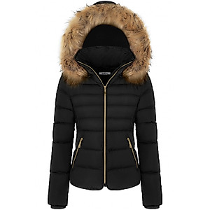 BodiLove Women's Fur Hooded Utility Jacket with Zipper and Fannel Lining Black M