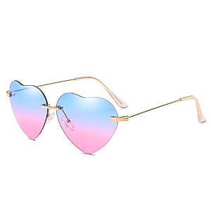 Dollger Heart Sunglasses for Women Cute Rave Heart Glasses Metal Frame Lovely Heart Style Blue and Pink lens