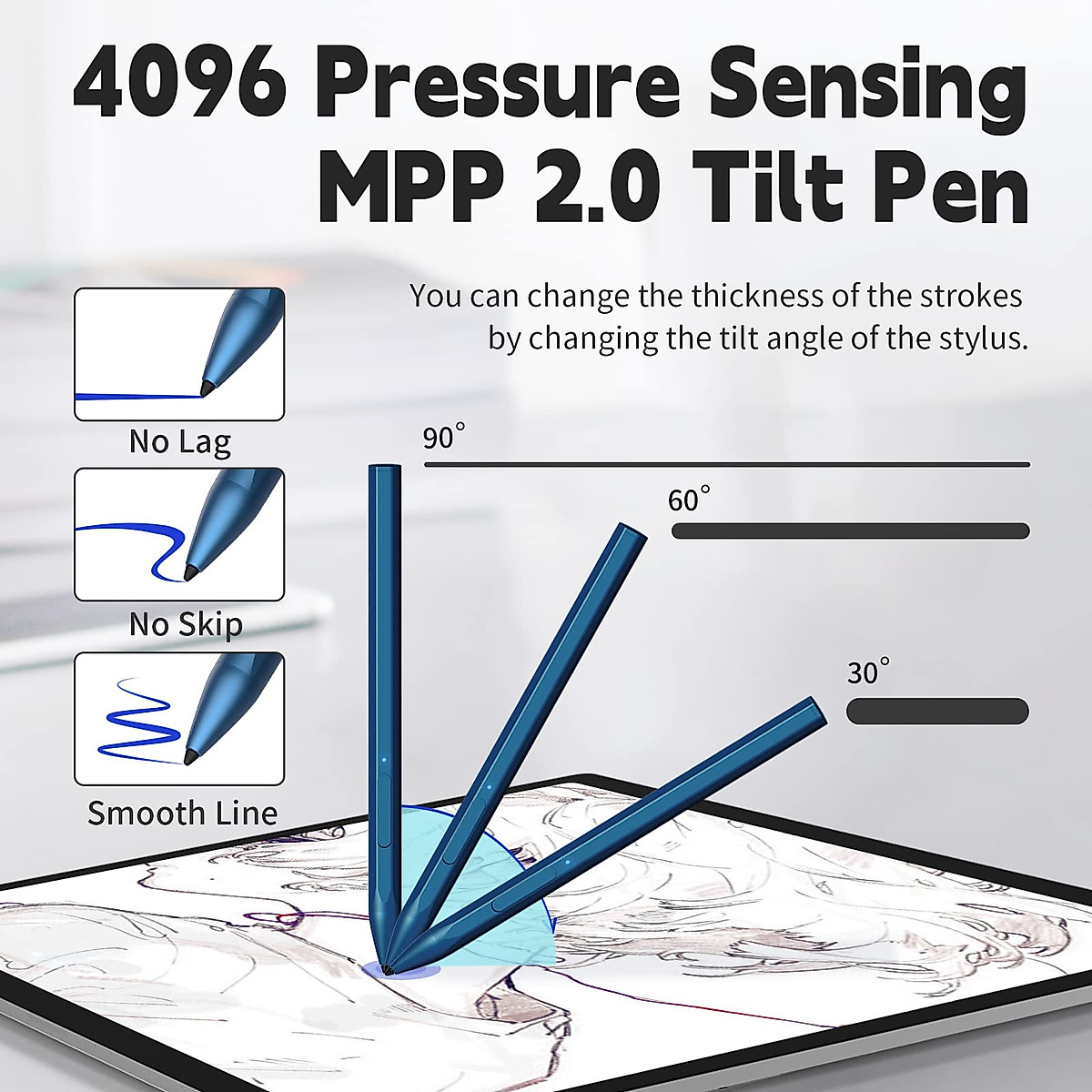SSS·GRGB Stylus Pen for Microsoft Surface Pro9/8/X/7/6/5/4/3 Surface Go 3/2/1 Surface 3/Laptop/Studio/Book 4/3/2/1HP ASUS with 4096 Tilt Pressure Palm Rejection Magnetic Attachment Rechargeable,Blue