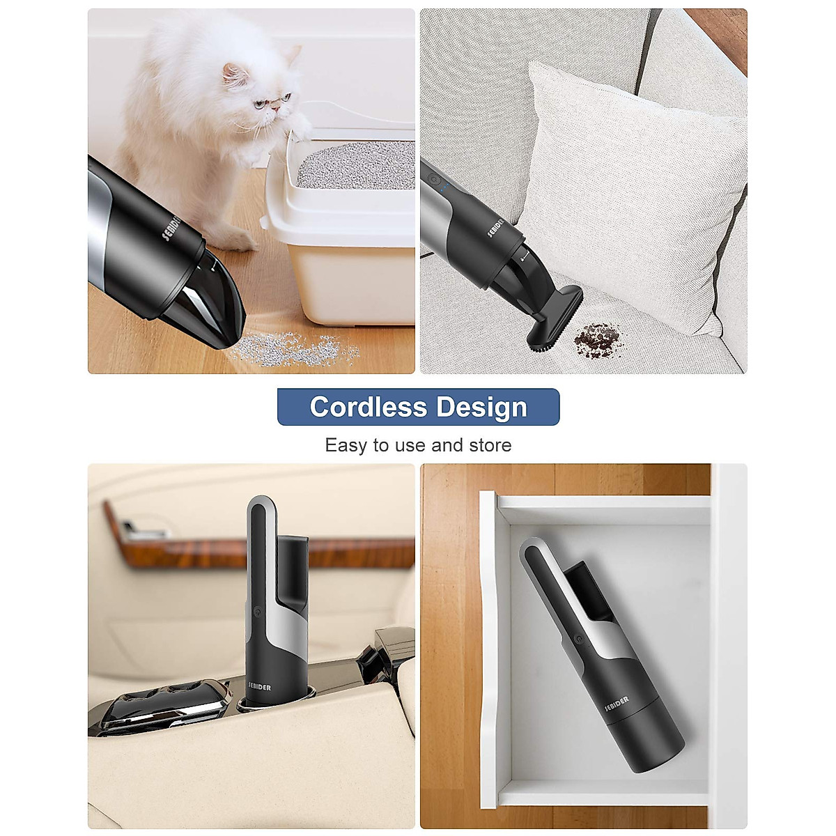 SEBIDER Handheld Vacuum Cleaner 8000Pa Cordless Hand Mini Car Vacuum Rechargeable Portable Vac for Pet Hair, Home, Carpet, Car Cleaning(Black Gray)