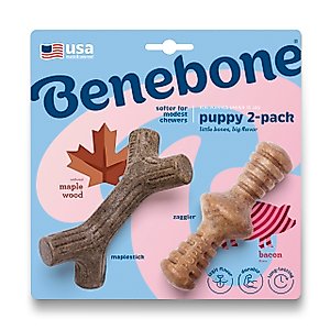 Benebone Puppy 2-Pack Maplestick/Zaggler Durable Dog Chew Toys for Gentle Chewers, Real Bacon, Real Maplewood, Made in USA, Tiny