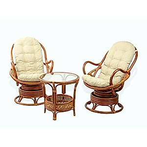 Lounge Swivel Rocking Java Chair Natural Handmade Rattan Wicker with Cream Cushion, Cognac