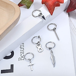 Magitaco 10 Pieces Hoop Dangle Earrings for Men Women Clip On Earrings Non Piercing Stainless Steel Dangle Hinged Hoop Earrings Long Chain Pendant Earrings Silver Kpop Earrings