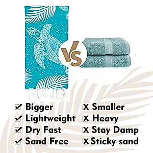 ORTIGIA Turtle Turkish Beach Towel Oversized 36x71INCH Sand Free Quick Dry Towel Extra Large Wearable Bath Towel Highly Absorbent Light Travel Towel for Beach, Bath, Pool, Gym, Yoga(Teal)