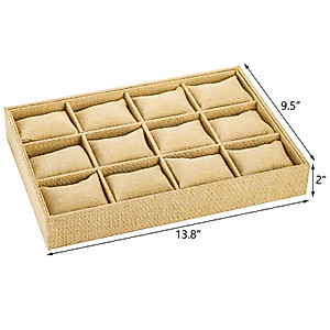 Hedume Burlap Jewelry Display, 12 Slot Sackcloth Watch Jewelry Bracelet Tray, Linen Watch Large Holder Box Display Case Organizer with 12 Grid Pillow for Men and Women