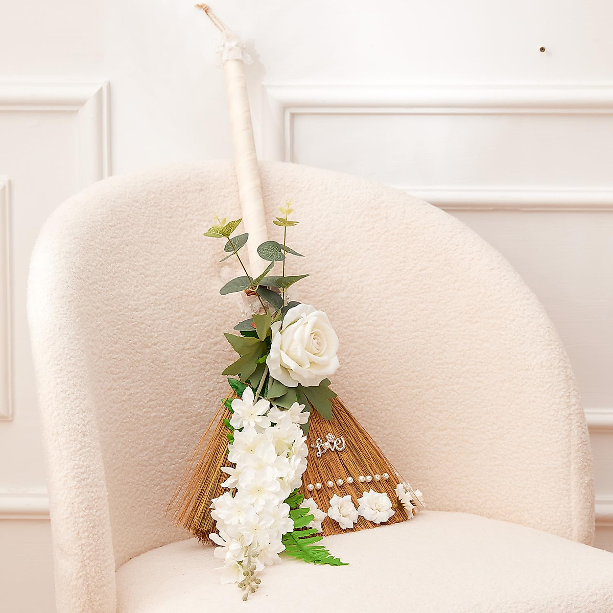 YIYTREE Wedding Broom DIY Kit Bride Bridegroom The Jump Broom Ceremony with Artificial Roses/Green Leaves/Ribbons/Pearl (28.5 inch x 11.8 inch)