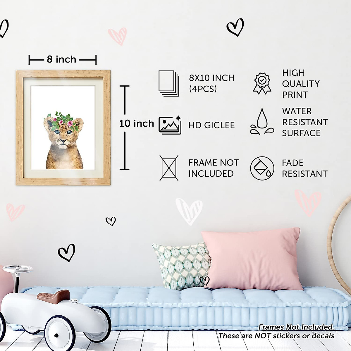 Designs by Maria Inc. Floral Crown Safari Nursery Decor | Girl Nursery Wall Decor - Nursery Art | UNFRAMED Nursery Wall Art Baby Boy Room Decor | Pack of 4 Unisex Animal Nursery Decor [8"x10"]