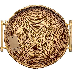 DECRAFTS Rattan Round Serving Tray Wicker Woven Bread Basket with Handles for Cracker Dinner Parties Coffee Table Breakfast (Natural 12.6 inches)