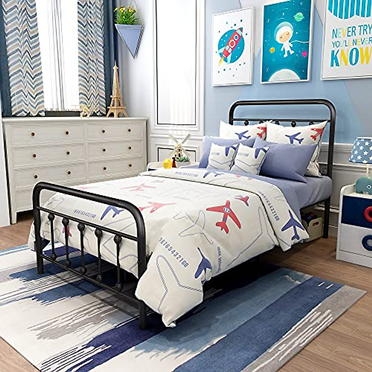 Elegant Home Products Vintage Twin Size Bed Frame with Headboard and Footboard Mattress Heavy Duty Metal Platform, Steel Slat Support (Twin, Black Sanded)