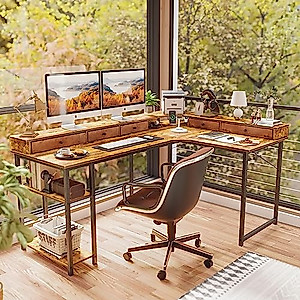 Treesland L Shaped Desk, 67 Inch Computer Desk with 5 Drawers, Wooden Office Desk with Monitor Stand, Sturdy Corner Writing Desk, Rustic Brown