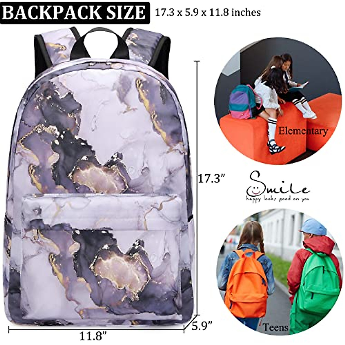 JIANYA Backpack for Teen Girls Boys School Backpack with Lunch Box Marble Kids Book Bag Schoolbag