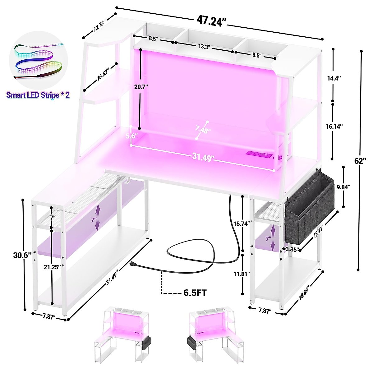 L Shaped Gaming Desk with Hutch & Shelves, 47'' Gaming Computer Desk with LED Lights & Power Strips, Reversible PC Gaming Desk L Shape with Storage, L Desk for Gaming with Monitor Stand, White