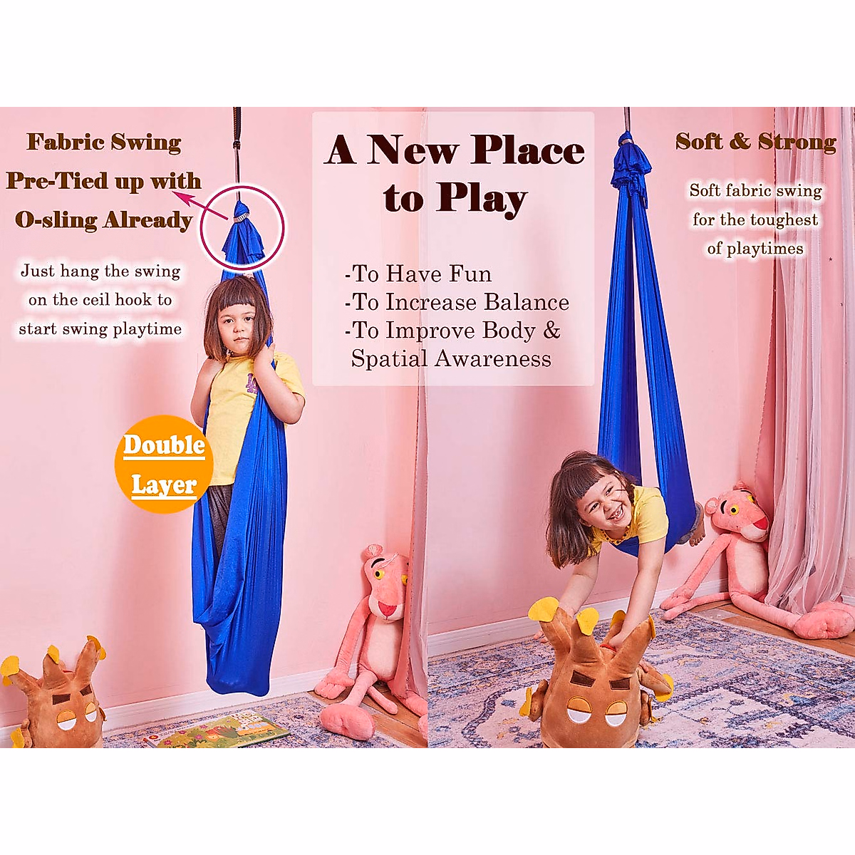 Indoor Sensory Swing for Kids with Mounting Hardware, Double-layer Clothes Indoor Swing Hanging Hammock Chair Lycra Cuddle Pod Therapy Swings for Autism Child with Special Needs(Blue)