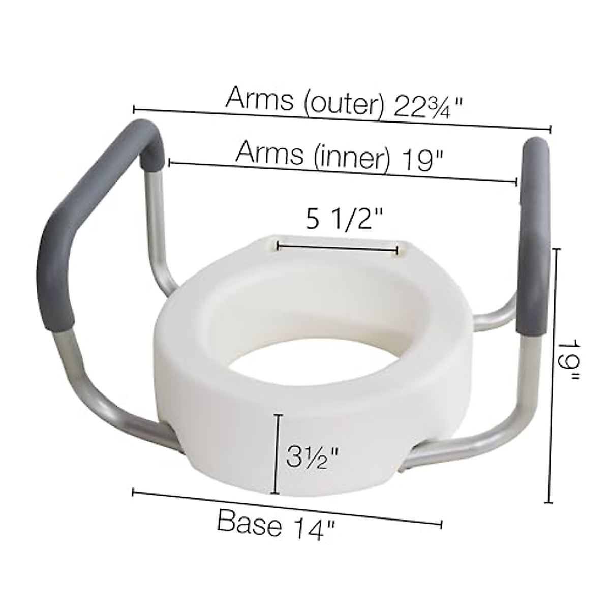 Essential Medical Supply Raised Elevated Toilet Seat Riser for an Elongated Toilet with Padded Aluminum Arms for Support and Compatible with Toilet Seat, Elongated, 19 x 14 x 3.5