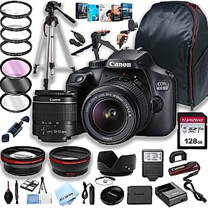 Canon EOS 4000D (Rebel T100) DSLR Camera w/EF-S 18-55mm F/3.5-5.6 Zoom Lens + 128GB Memory + Case+ Steady Grip Pod + Tripod + Filters + Lenses + Software + More (42pc Bundle)