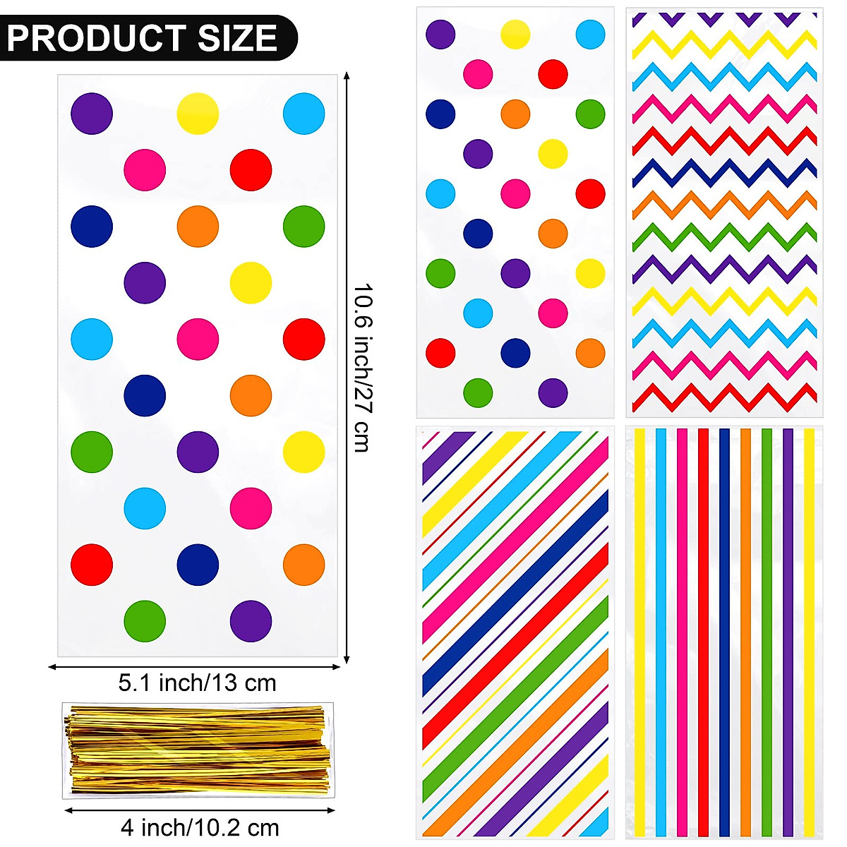 Aodaer 100 Pieces Rainbow Cellophane Bags Plastic Candy Gift Bags Cellophane Treat Bags with Twist Ties Stripes Polka Dot Printed Pattern Goodie Bags for Birthday Weddings Party Favors