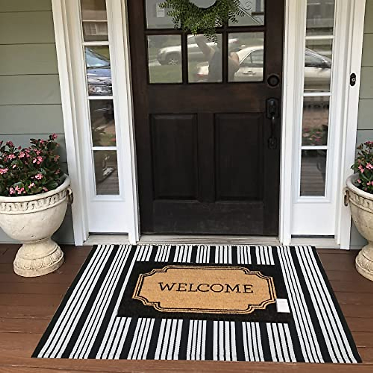 Black and White Striped Outdoor Rug 27.5"x43" Cotton Hand-Woven Reversible Foldable Washable Area Rug for Layered Door Mats Porch/Front Door, Entryway, Laundry Room, Farmhouse, Kitchen (27.5'' x 43'')