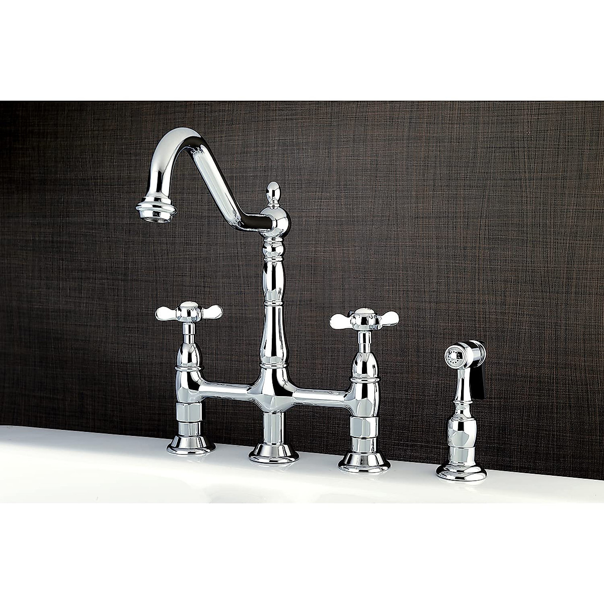 Kingston Brass KS1271BEXBS Essex Bridge Kitchen Faucet, 8-3/4" In Spout Reach, Polished Chrome