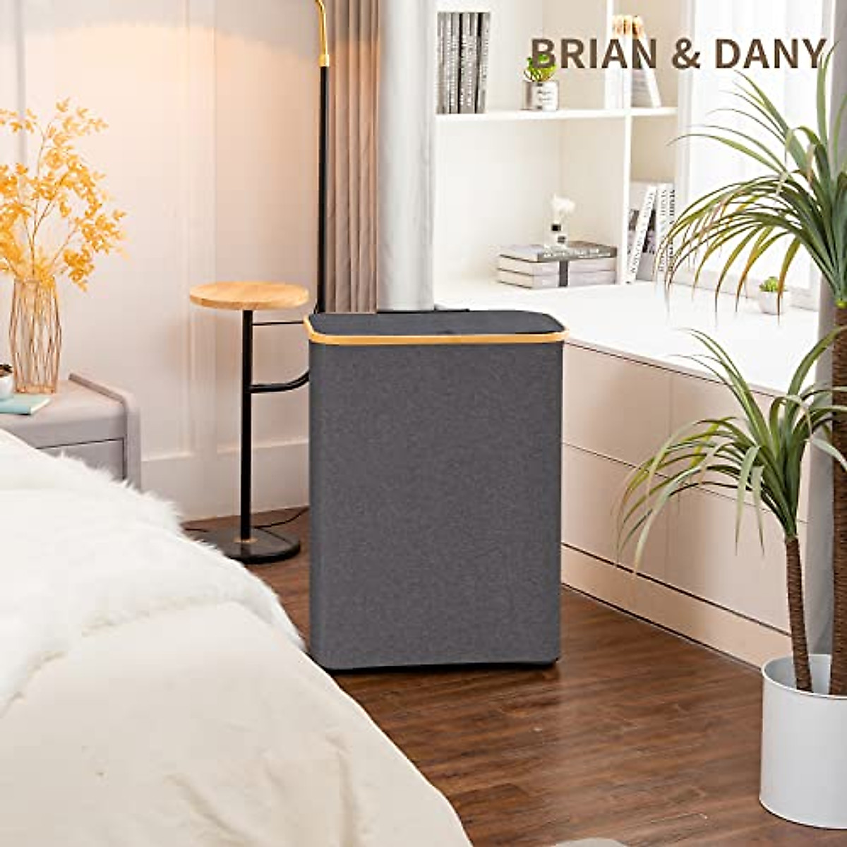 BRIAN & DANY 123L Laundry Basket with Lid, Large Laundry Hamper Organizer 2 Section with Removable Bag Liner for Bathroom and Bedroom (Grey)