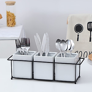 3 Piece Ceramic Flatware Holder with Metal Rack, Porcelain Silverware Caddy, Silverware Cutlery, Perfect for Home, Kitchen & all gatherings with friends, family