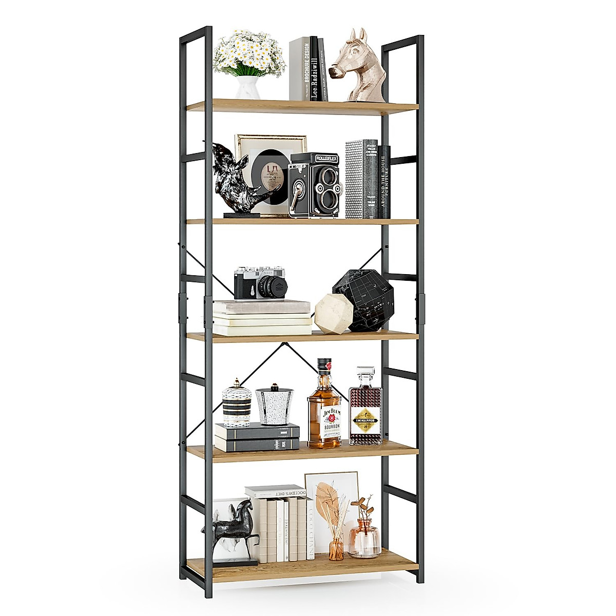 OTK 5 Tier Bookshelf, Tall Bookcase, Office Shelf Storage Organizer, Modern Book Shelf for Living Room, Bedroom, and Home Office, Natural