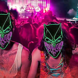 yalanle Halloween Mask LED Light Up Scary Mask Purge Mask with EL Wire 3 Flashing-Modes for Halloween Masquerade Party,Costume Cosplay,Gifts(Green & Pink)