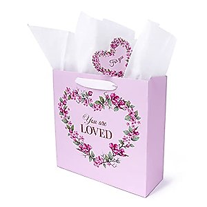 Gift Bag Set You are loved, Medium 9.4" Gift Bag With Tissue Paper, Romantic Card, And Ribbon Handles (Pink, Floral Heart, Love), Valentine's Day, Mothers Day