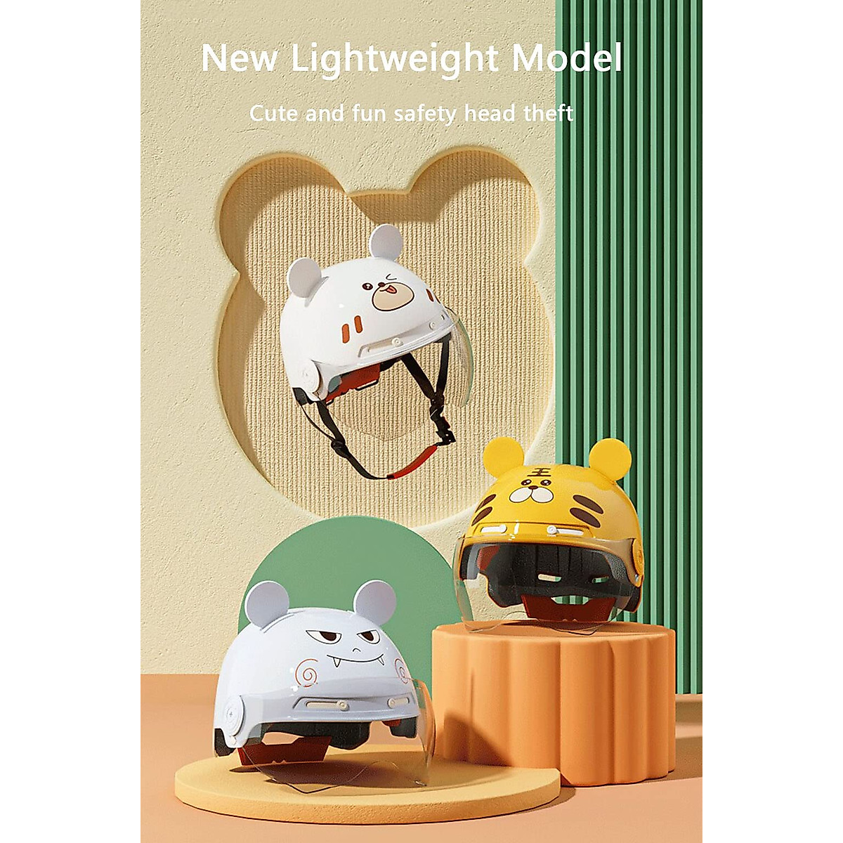 Children's Cat Ears Motorcycle Half Helmet, Retro Electric Open Face Scooter Helmet with Visor DOT Approved Anti-Collision Bike Moped Cruiser ATV Street Helmet for Youth Kids -C