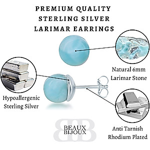 Beaux Bijoux Sterling Silver Larimar Blue Earrings for Women - Larimar Jewelry for Women - Round Larimar Bead Earrings for Women - Natural Larimar Stones - Hypoallergenic Larimar Earrings for Women