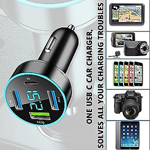 4-Port USB Car Charger,Car Charger Adapter Fast Charging Cigarette Lighter USB Charger with Blue LED,2.4A+PD+QC3.0 Ports Car Charger Adapter Compatible with iPhone/Android(QC3.0+2.4A+2.4A+PD)