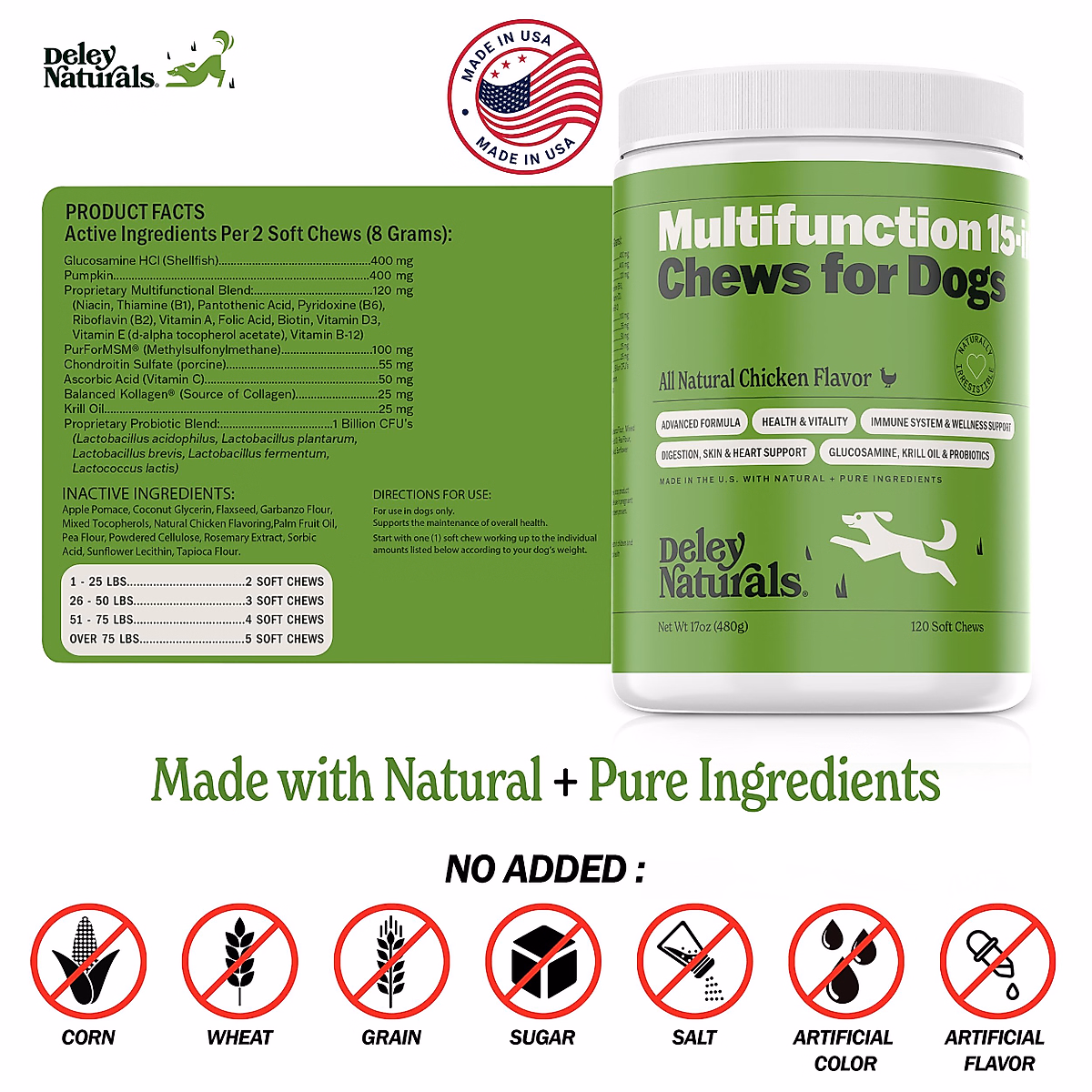 Deley Naturals Dog Multivitamins Chewable - 15 in 1 Dog Vitamins and Supplements for Immune System, Skin, Joint Support & Digestion - Dog Multivitamin for All Ages - Dog Vitamins Made in The USA