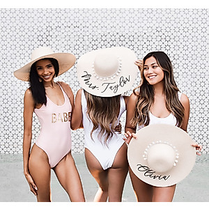 Personalized Beach Hat | Custom Tan Hat with White Poms | Women’s Floppy Hat | Mrs Honeymoon Foldable Sun Hat for Bride