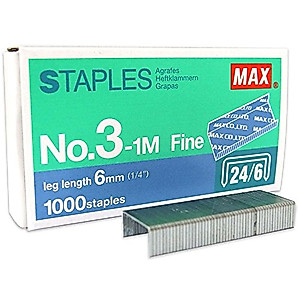 MAX No.3-1M Flat Clinch Staples (24/6) for Office Stapler - 4 Boxes (4,000-Staples)