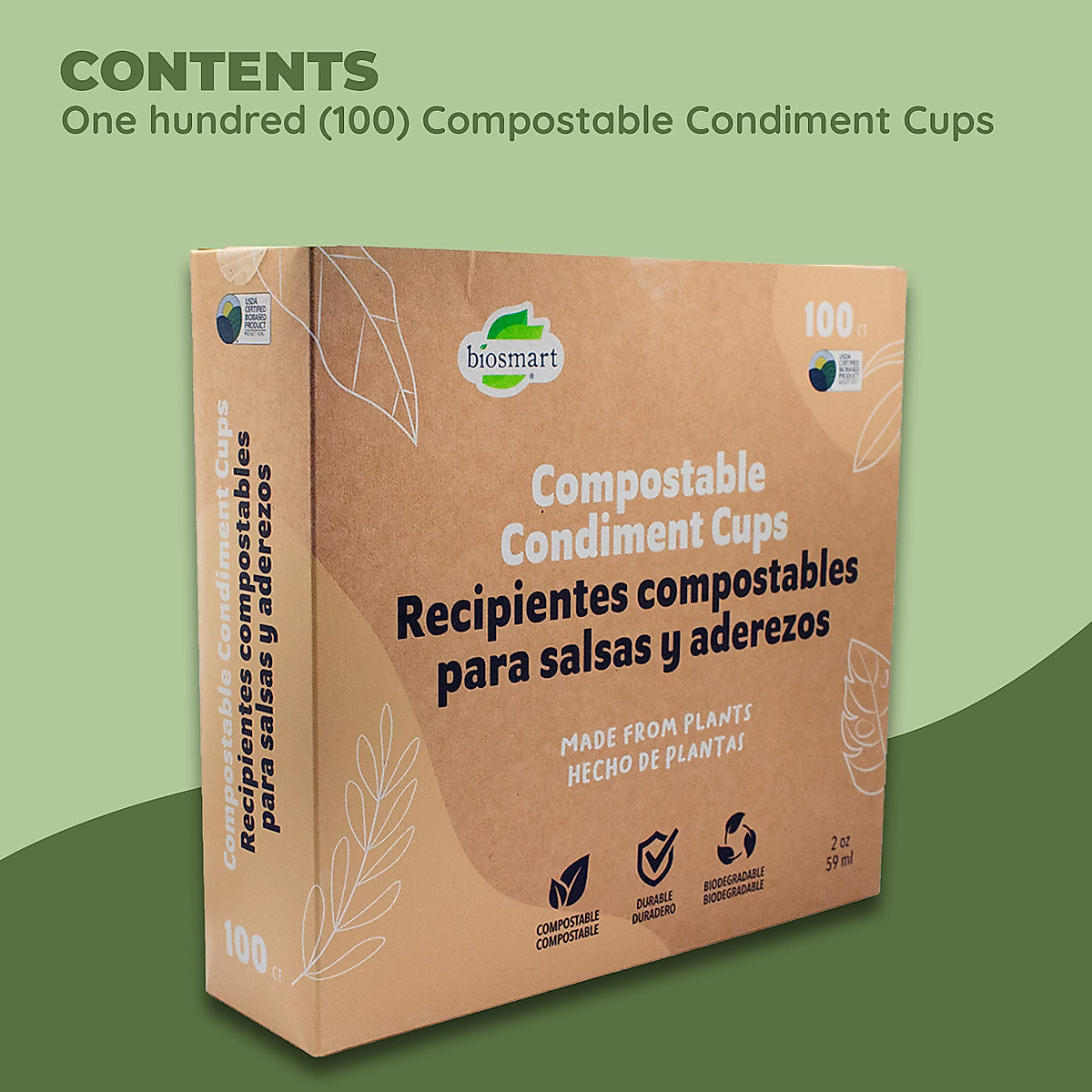 Jacent Compostable Condiment Cups with Lids, 2 oz Sauce Cups, 100 Sets per Pack: Eco-friendly for Salad Dressings, Charcuterie, Snacks and Samples