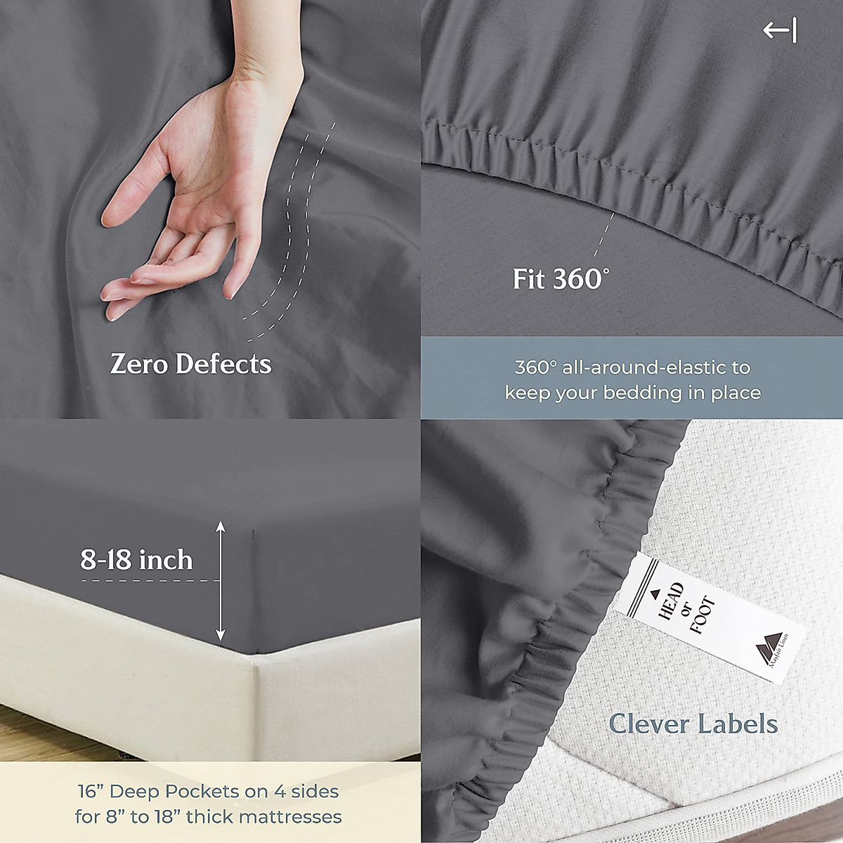 Mayfair Linen 100% Cotton Bed Sheets Queen Sheet Set - 500 Thread Count Sheets Queen Size 4 PC Set (Dark Grey), Soft, Cooling, Hotel-Quality 16" Deep Pocket Sateen Cotton Bedsheet for Hot Sleepers