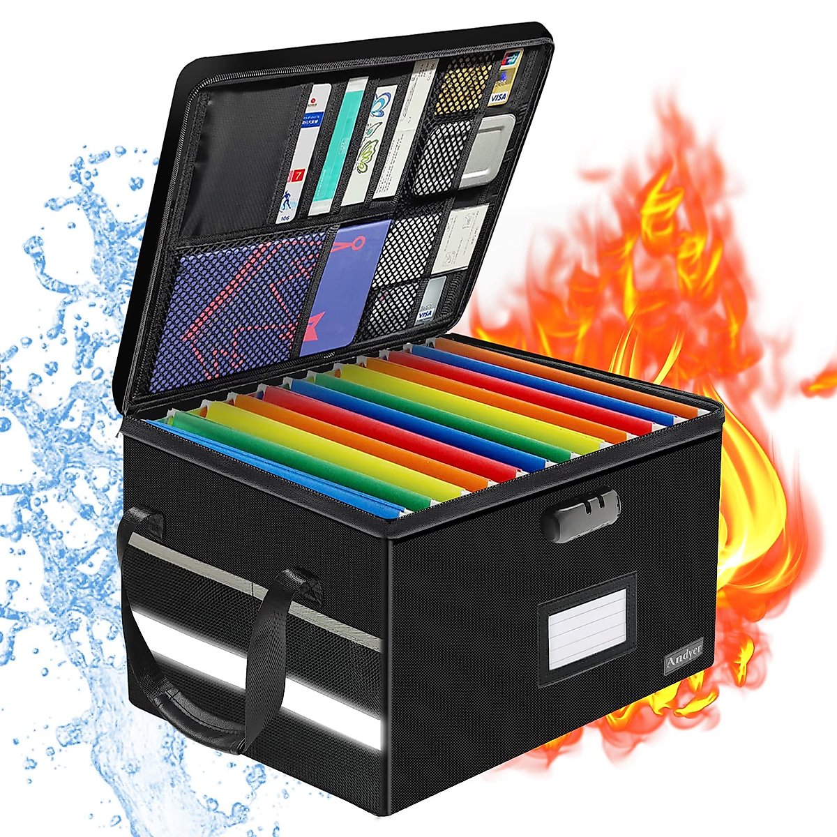 File Box with Lock, Fireproof Document Box with 10 Tab&Inserts, Collapsible File Organizer Filing Cabinet Box, Fire Proof Safe Box File Cabinets for Home Office Hanging Letter/Legal Folder