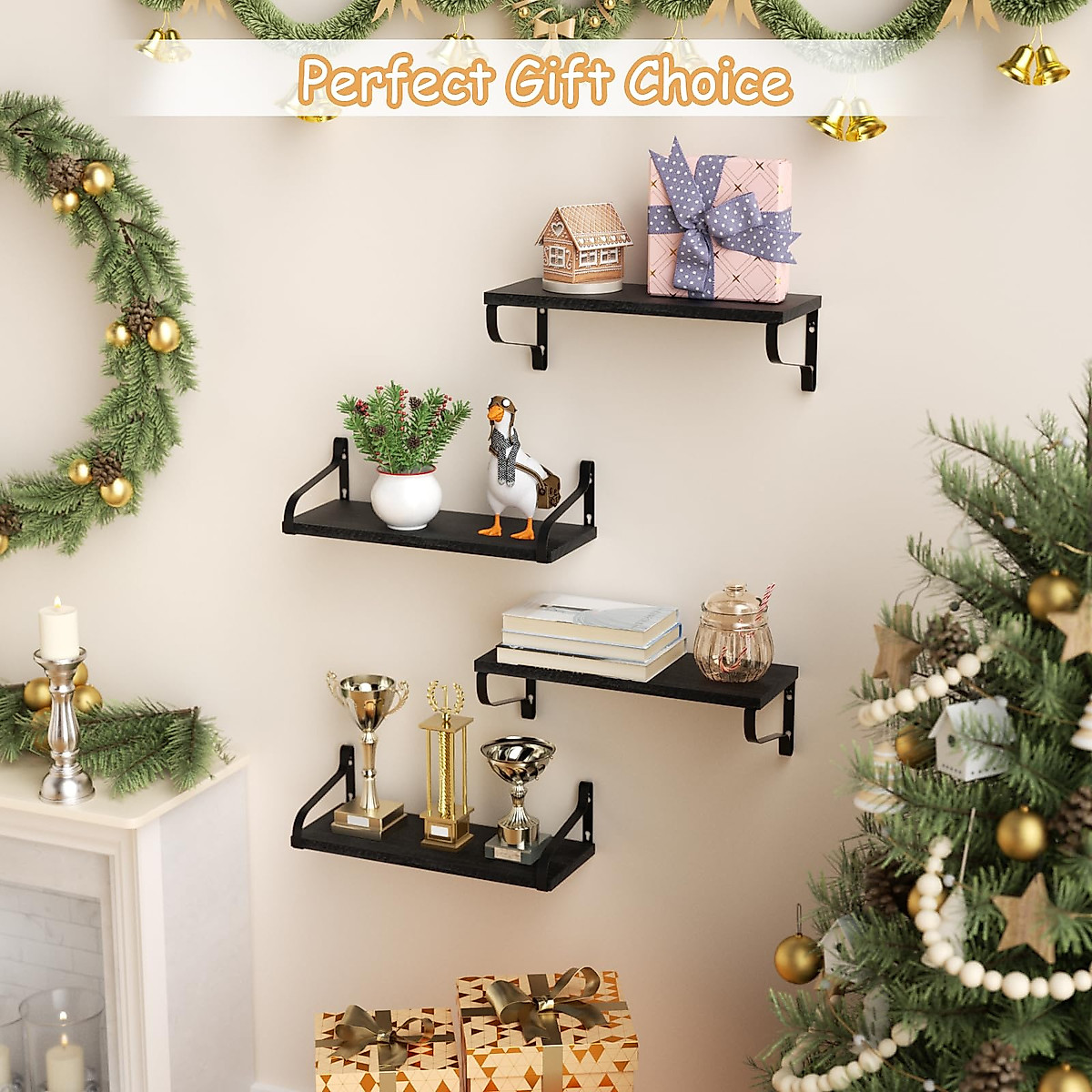 Love-KANKEI Black Floating Shelves for Wall Set of 4, 15.7 Inch Wood Wall Shelves with Bracket, Rustic Hanging Shelves for Bathroom, Bedroom, Kitchen,Living Room, Office Display