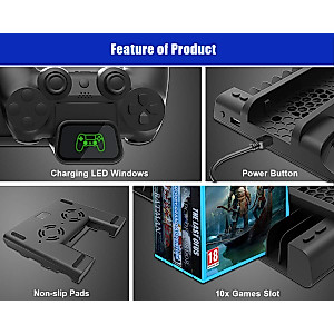 ElecGear PlayStation 4 Vertical Stand and Cooling Fan, Dual Charging Station for DualShock 4 Controller Charger Dock with 4X Mini Dongle, 10x Games Storage Bracket for PS4, PS4 Pro and PS4 Slim