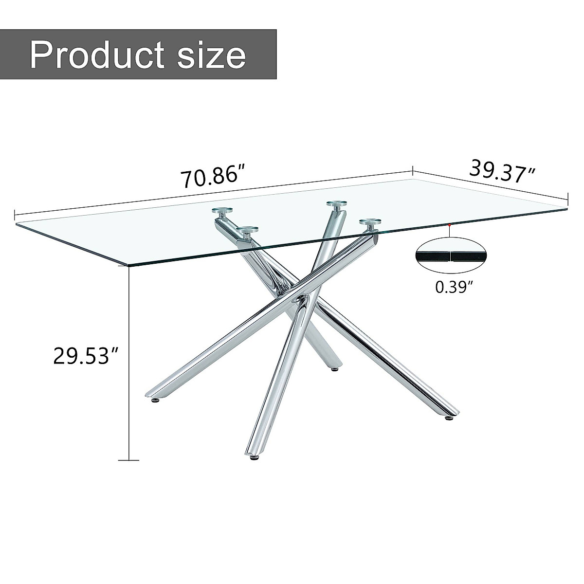 Ball & Cast 71" Modern Glass Dining Table with Rectangular Tempered Tabletop,Dinner Desk W/Silver Chrome Metal Legs,for Home,Kitchen,Dining Room,Office,Silver+Clear