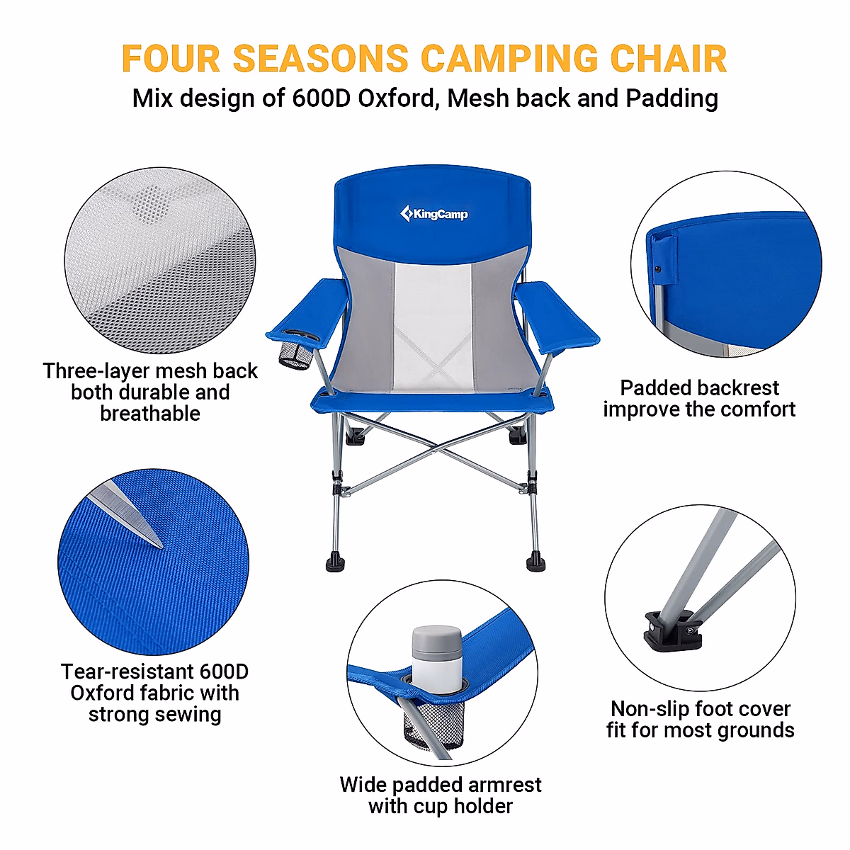 KingCamp Oversized Heavy Duty Outdoor Camp Lightweight Portable Lawn Chair Sturdy Steel Frame Supports 300 lbs with Cup Holder for Sports Fishing Picnic, one Size, Blue&Gray
