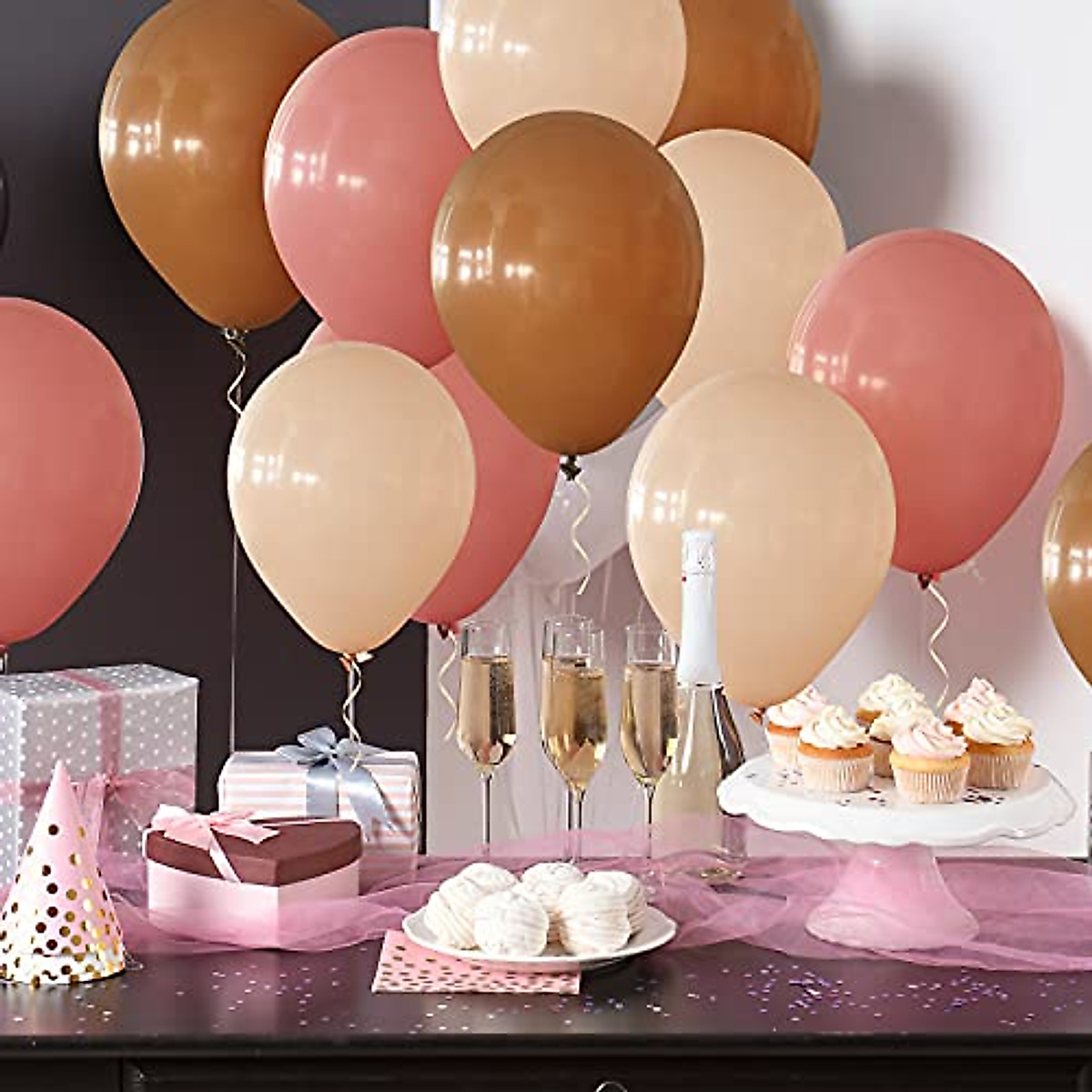 70 Pieces 10 Inch Boho Birthday Balloon Pastel Brown Balloon Cream Tan Brown Nude Ivory Blush Champagne Dusty Rose Balloon with 33 Feet Gold Ribbon for Birthday Party Baby Shower Decorations