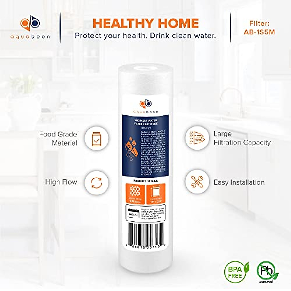 Aquaboon 6-Pack of 5 Micron 10"x2.5" Sediment Water Filter Replacement Cartridge for Any Standard RO Unit | Whole House Sediment Filtration | Compatible with DuPont WFPFC5002, Pentek DGD series, RFC