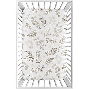 Sweet Jojo Designs Floral Leaf Boy Girl Fitted Mini Crib Sheet Baby Nursery for Portable Crib or Pack and Play - Ivory Cream Beige Taupe White Gender Neutral Boho Watercolor Botanical Flower Woodland