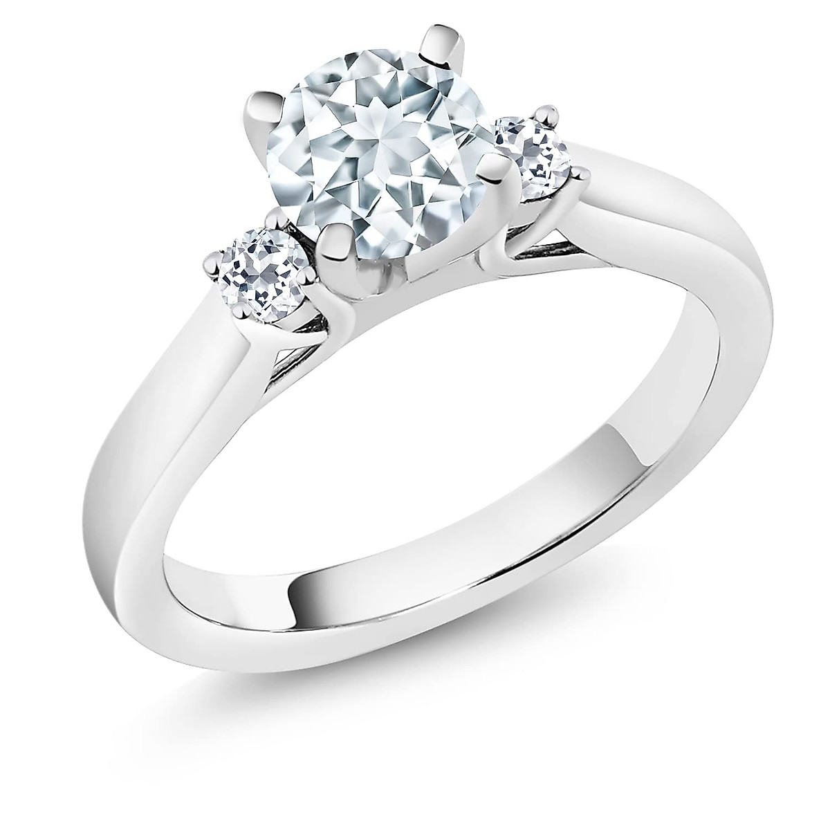 Gem Stone King 925 Sterling Silver Sky Blue Aquamarine and White Topaz 3-Stone Engagement Ring For Women (0.92 Cttw, Round 6MM, Gemstone March Birthstone, Size 7)