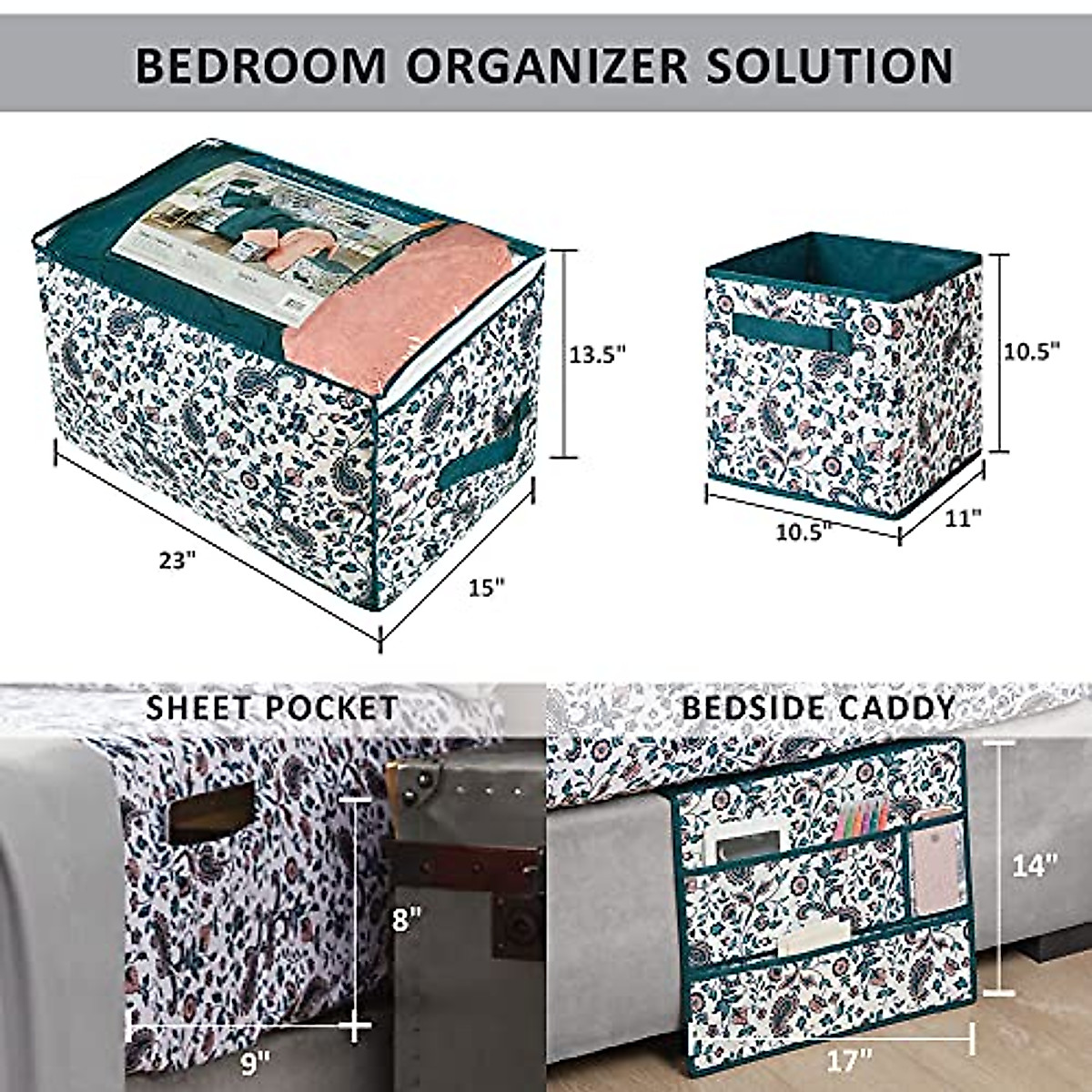 Comfort Spaces 17 Piece Bed in A Bag Comforter Set Include Sheets with 2 Side Pockets - All Season Cozy Bedding and Bedroom Organizer, College Dorm Room Essentials, Full, Henry, Teal