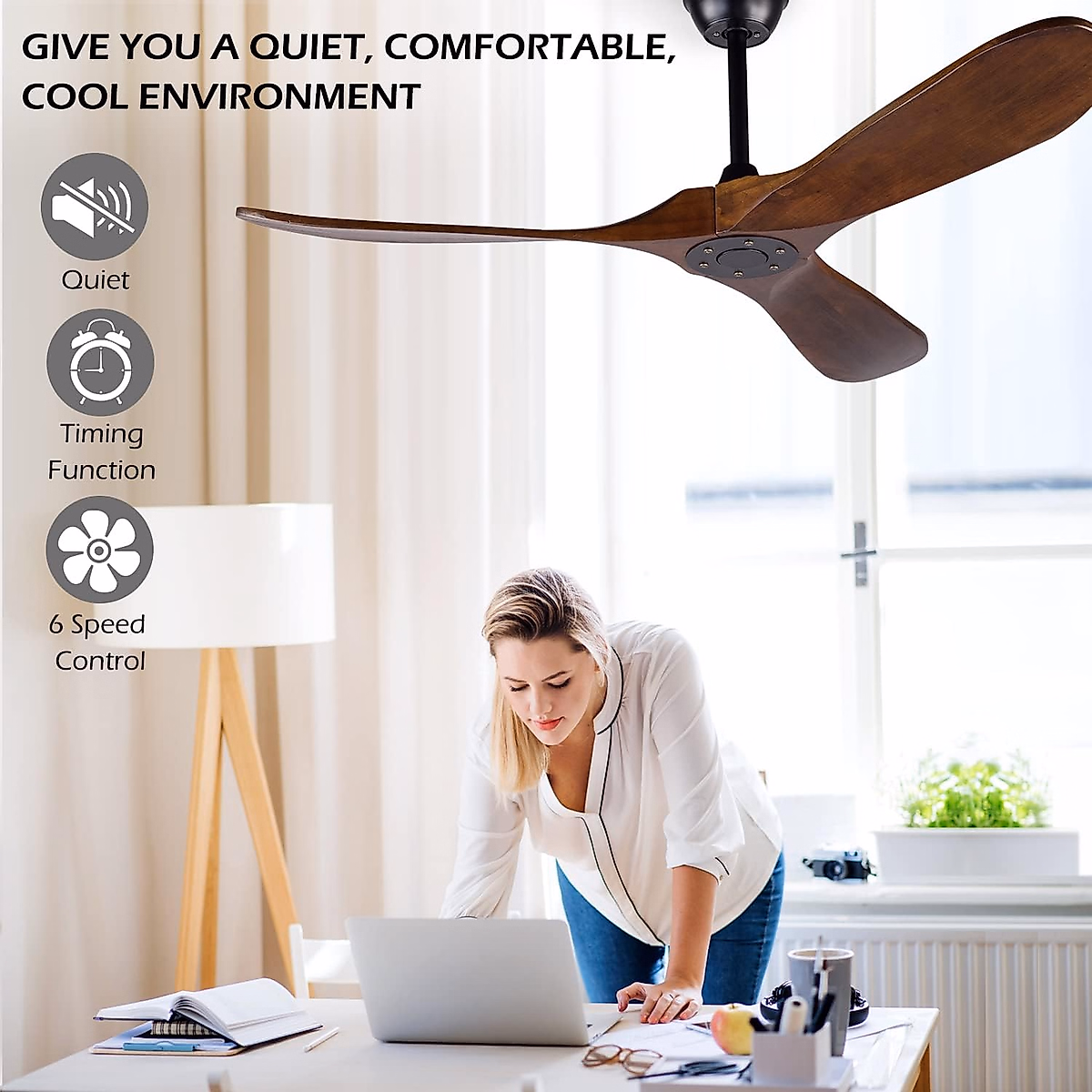 Solid Wood Ceiling Fans Without Light, 52 Inch Real Wood Ceiling Fan with Remote Control and 3 blade, Natural Wood Ceiling Fan Waterproof, Indoor Outdoor Ceiling Fans for Patio, Bedroom, Living room